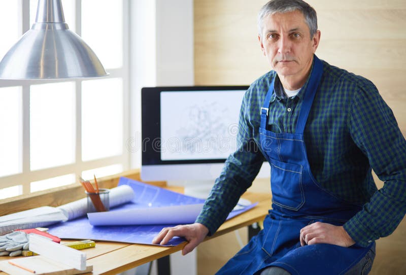 Architect Working on Drawing Table in Office Stock Photo - Image of ...