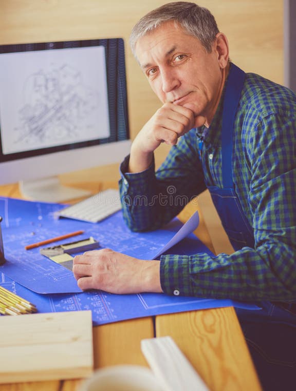 Architect Working on Drawing Table in Office Stock Photo - Image of ...