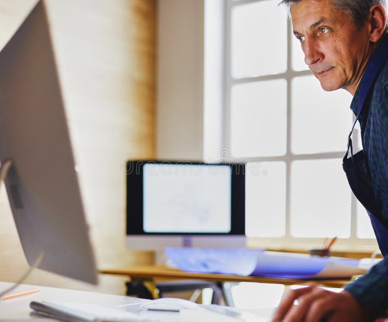 Architect Working on Drawing Table in Office Stock Photo - Image of ...