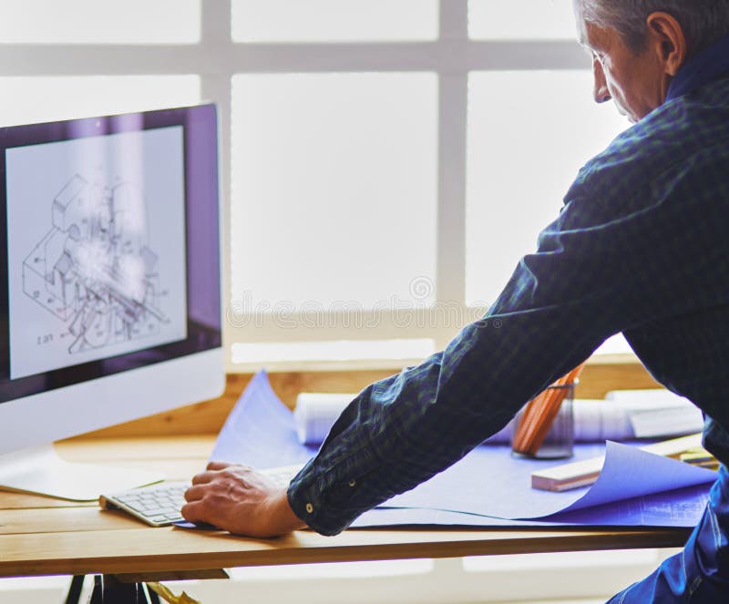 Architect Working on Drawing Table in Office Stock Photo - Image of ...