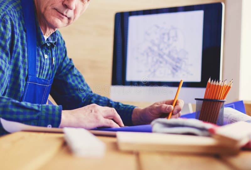 Architect Working on Drawing Table in Office Stock Photo - Image of ...