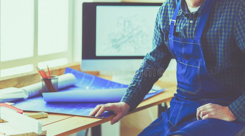 Architect Working on Drawing Table in Office Stock Image - Image of ...