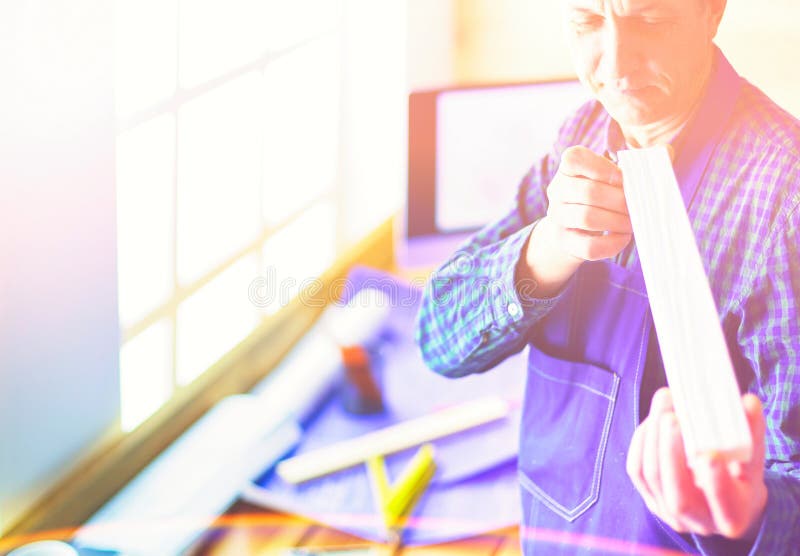 Architect Working on Drawing Table in Office Stock Photo - Image of ...