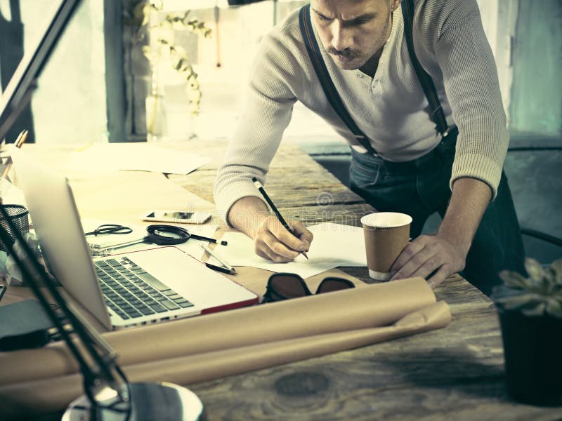 Architect Working on Drawing Table in Office Stock Image - Image of ...