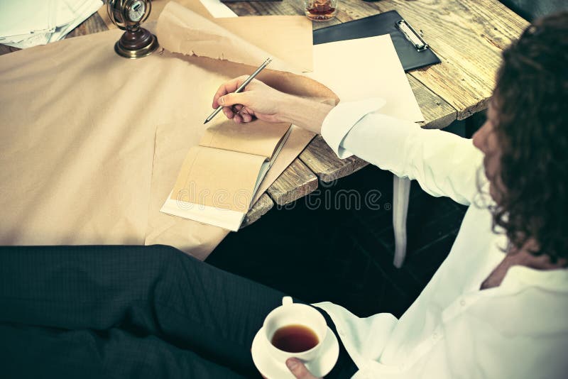 Architect Working on Drawing Table in Office Stock Image - Image of ...