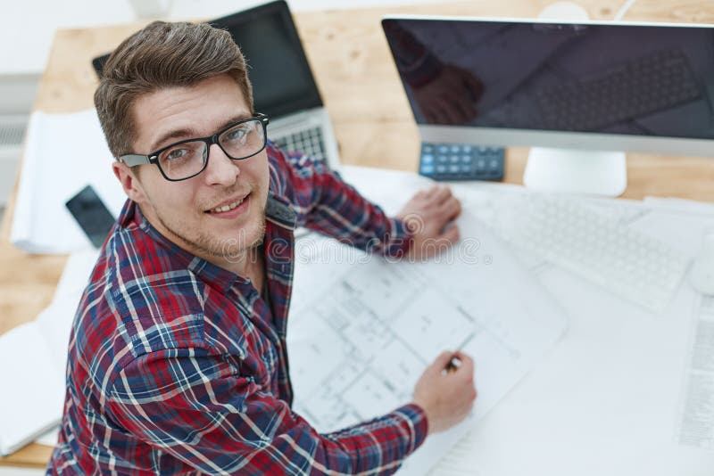 Architect Working on Drawing Table in Office Stock Image - Image of ...