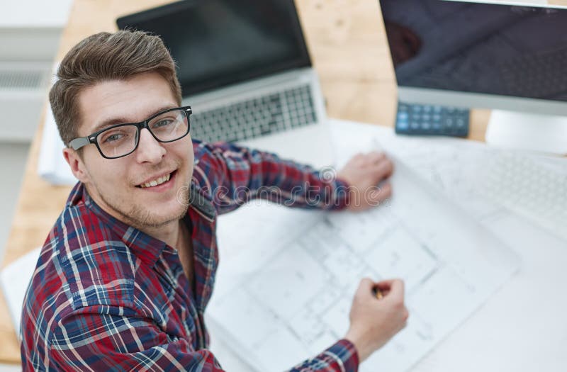 Architect Working on Drawing Table in Office Stock Photo - Image of ...