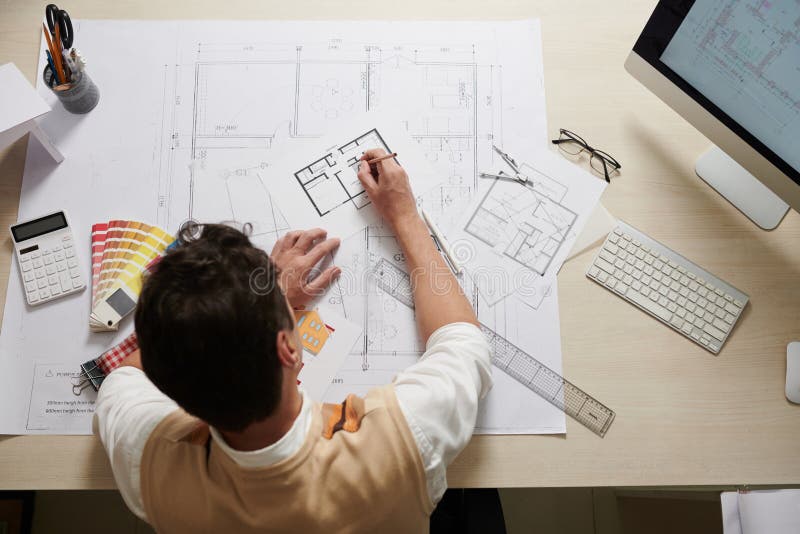 Architect Working with Blueprints Stock Image - Image of bureau ...