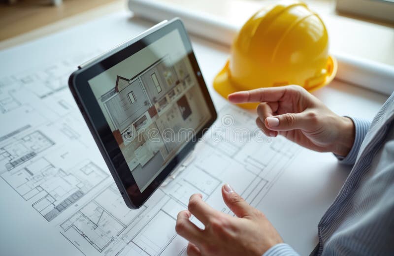 Architect Working on House Design. Using Tablet, Blueprint on Table ...