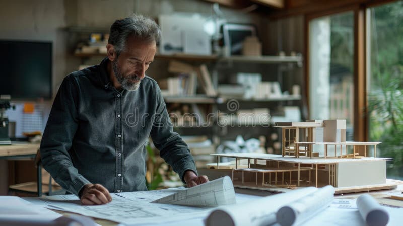 Architect Working Late in Modern Office, Reviewing Blueprints, Focused ...