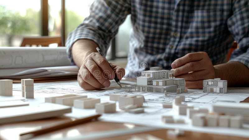 Architect Working on a Miniature Building Model, Focusing on Design and ...