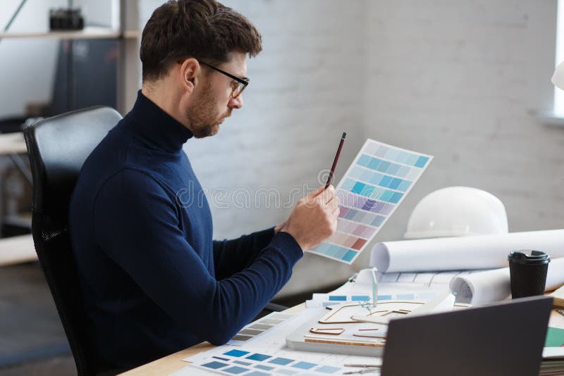 Architect Working in Office with Color Palette. Engineer Select Colors ...