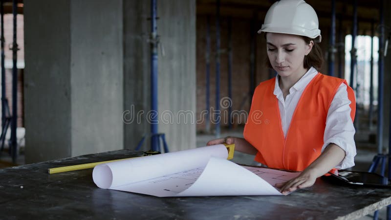 Architect Working Over Plan. Closeup Desk with Blueprints Drawing ...