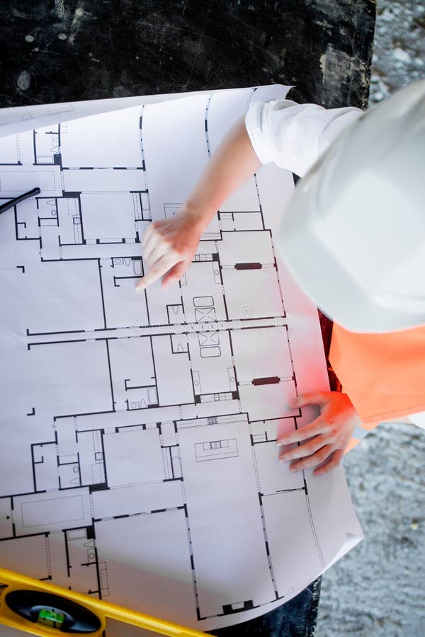 Architect Working Over Plan. Closeup Desk with Blueprints Drawing Stock ...