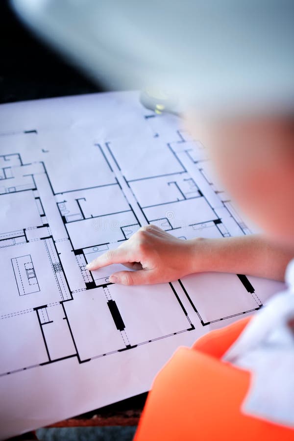 Architect Working Over Plan. Closeup Desk with Blueprints Drawing Stock ...