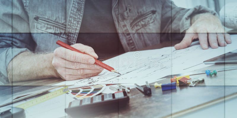 Architect Working on Plans, Geometric Pattern Stock Photo - Image of ...