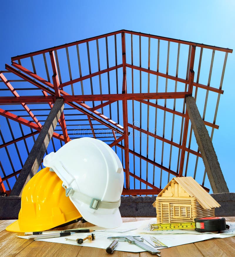 Architect Working Table Hard Hat House Model Plan Sheet and Writ Stock ...