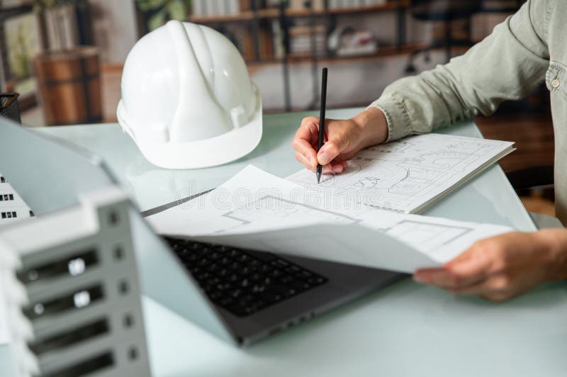 Architect Working on a Technichal Blueprint Project of an Open Space Office Stock Image - Image ...