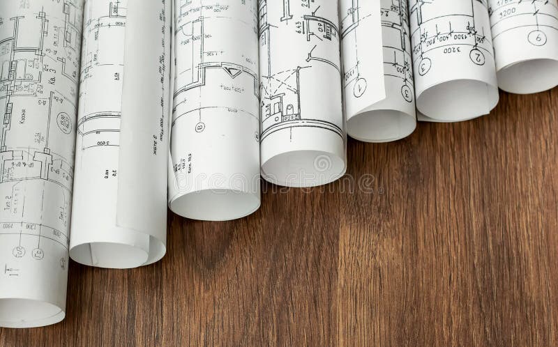 Blueprint Rolls and Set of Construction Tools Stock Illustration ...