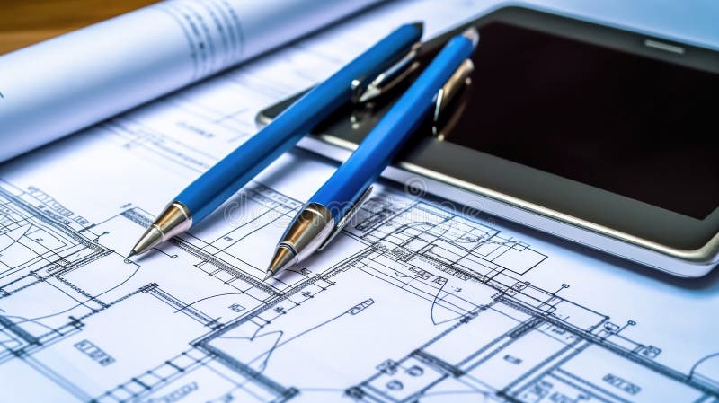 Architect Workplace with Digital Tablet and Blueprints Stock ...