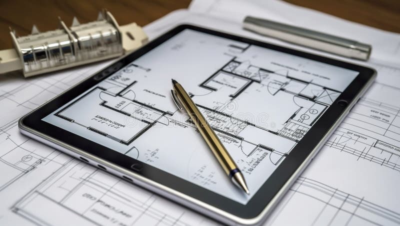 Architect Workplace with Digital Tablet and Blueprints Stock ...