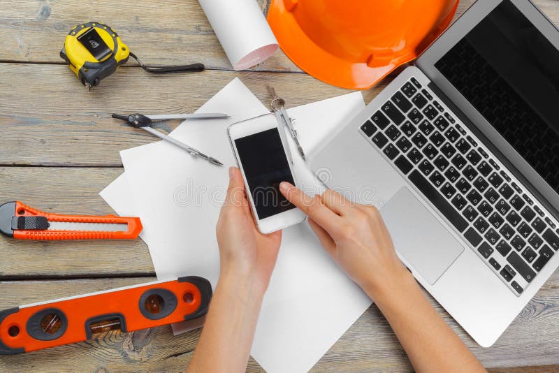 Architect Workplace with Open Laptop and Instruments Top View Stock ...