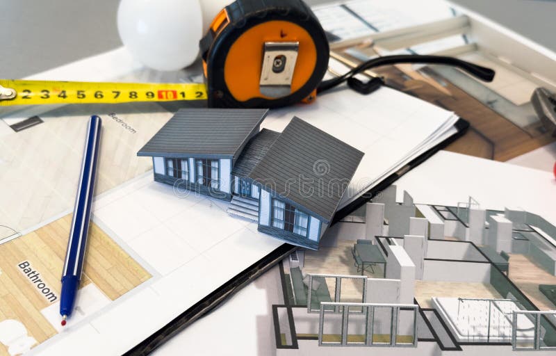 Architect Workplace Top View. Architectural Project, Blueprints ...