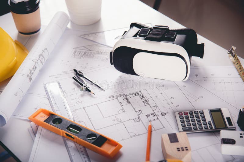 Architectural Blueprint Paper Project Plans on Desk Table Stock Image ...