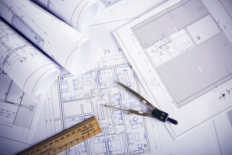 Architect Workplace Top View. Architectural Project, Blueprints ...