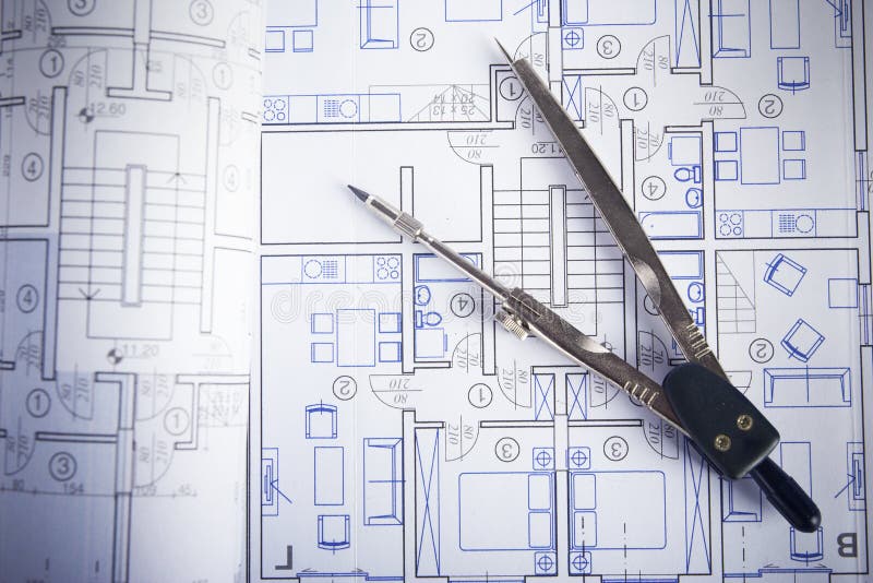 Architect Workplace Top View. Architectural Project, Blueprints ...
