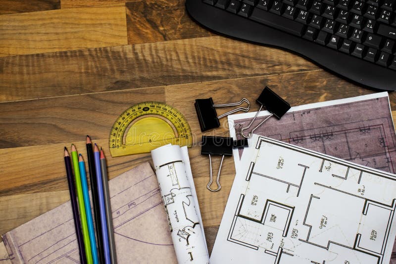 Architect Workplace Top View. Architectural Project, Blueprints ...