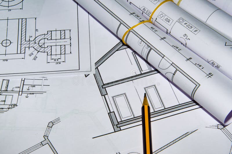 Architect Workplace Top View. Architectural Project, Blueprints ...