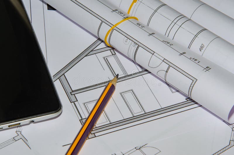 Architect Workplace Top View. Architectural Project, Blueprints ...