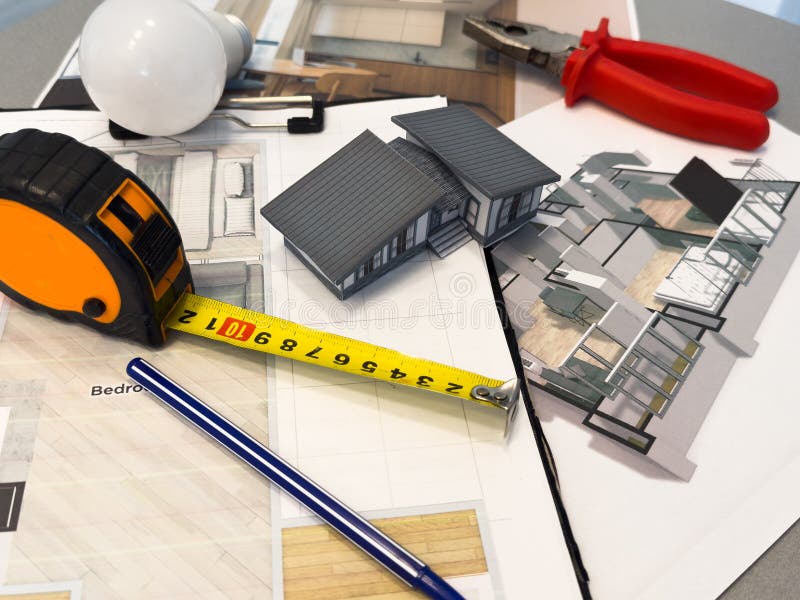 Architect Workplace Top View. Architectural Project, Blueprints ...