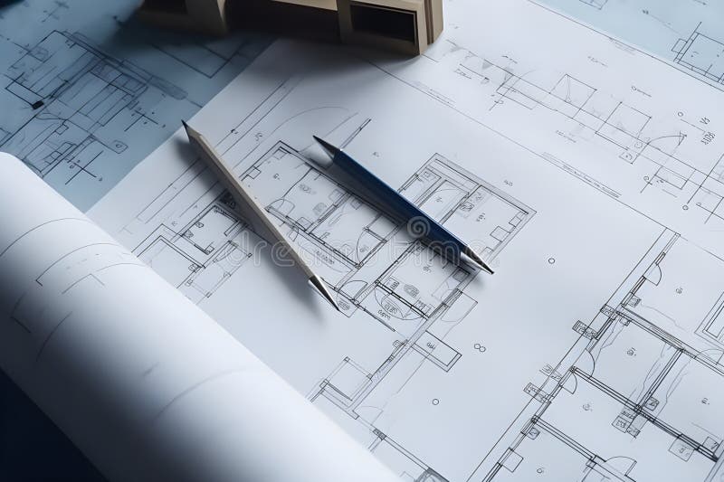 Architect Workplace Top View. Architectural Project. Generative AI ...