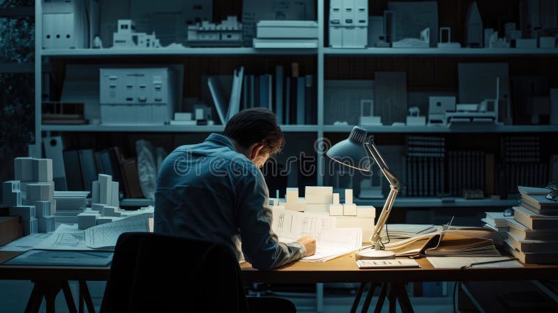 Focused Architect Working Late on Project in Office AIG41 Stock Photo ...