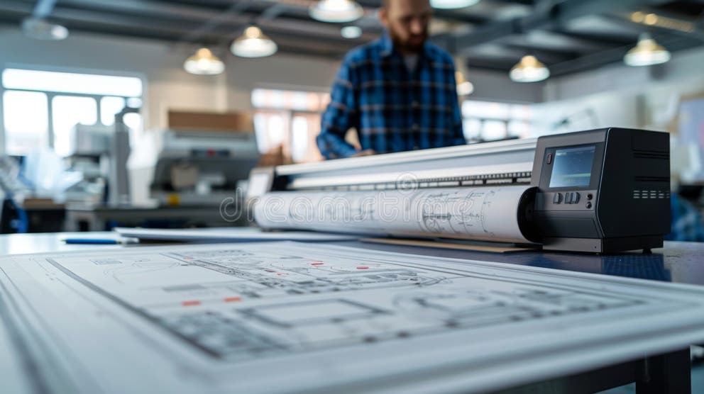 Architect Works in the Background As a Large Format Printer Produces ...