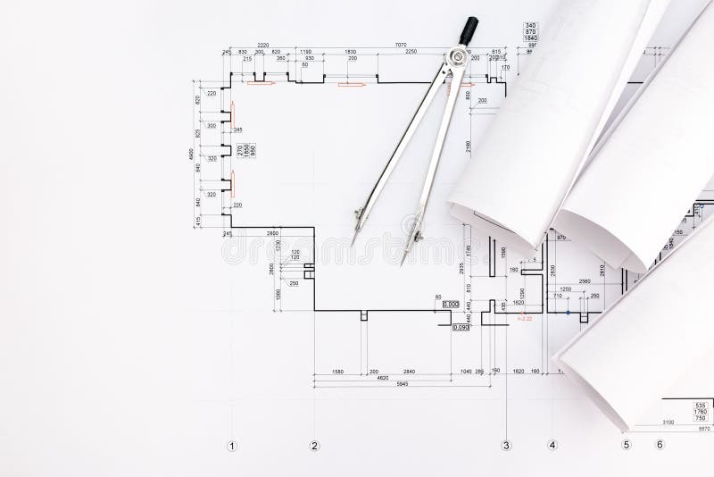 Architect Workspace with Blueprints and Drawing Compass Stock Photo - Image of diagram, paper ...