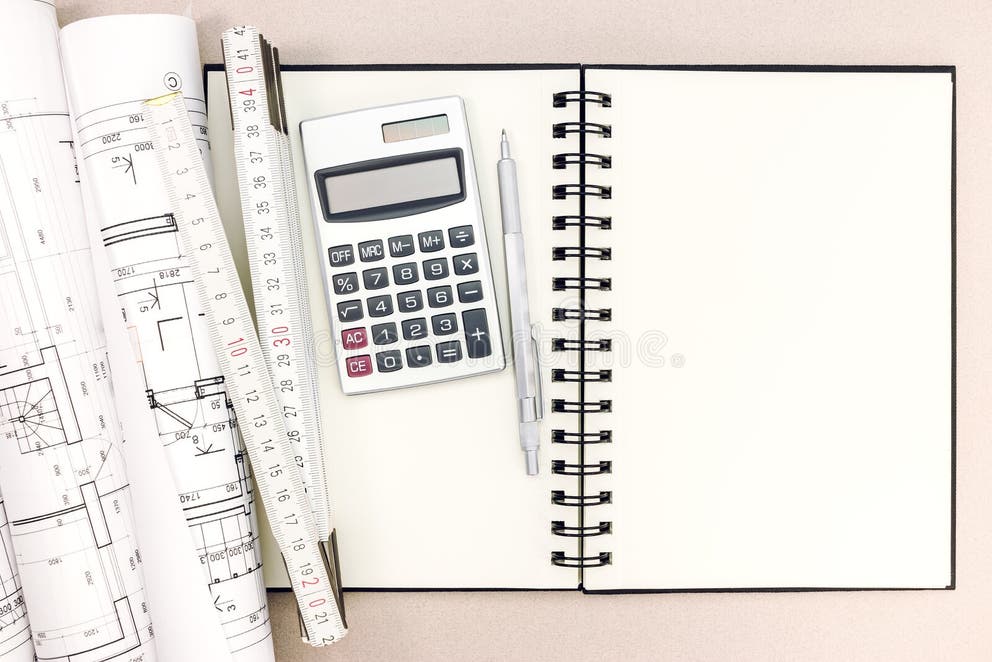 Architect Workspace with Blueprints, Notepad, Folding Rule Stock Image ...