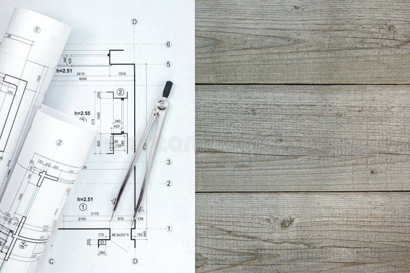Architect Workspace with Floor Plan and Drawing Compass on Gray Stock ...