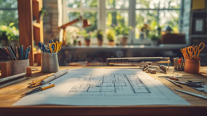 Architect Workspace Interior Design Blueprint with Pencils,scissors,and ...