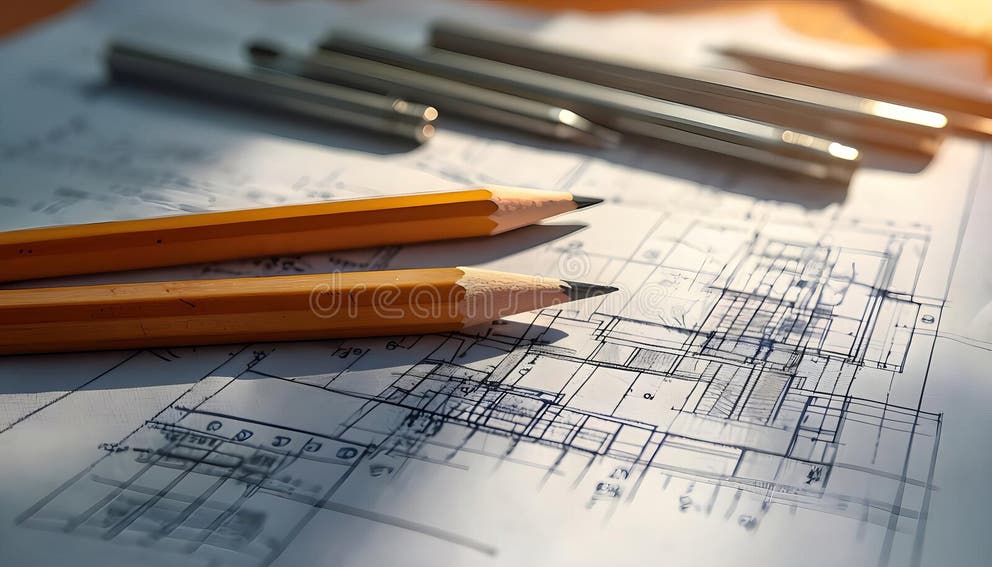 Architect Workspace with Pencils on Blueprints, Creative Design Process ...