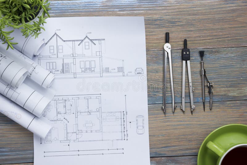 Architect Worplace Top View. Architectural Project, Blueprints ...