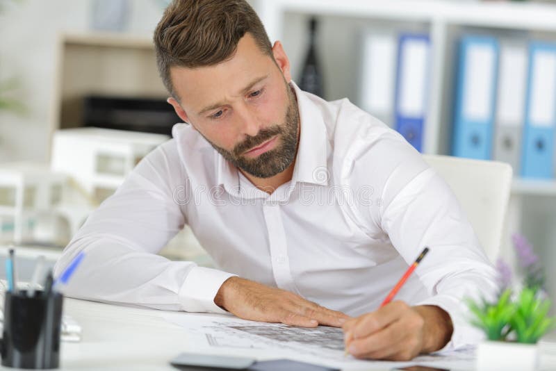 Architect Writing on Blueprint Book Stock Image - Image of industry ...