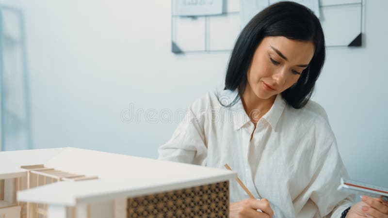 Architect Writing House Model Structure on Blueprint. Closeup ...