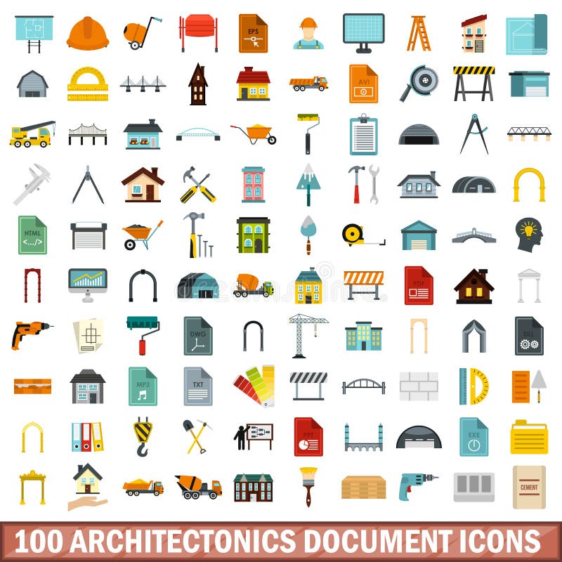 100 Architectonics Document Icons Set, Flat Style Stock Vector ...