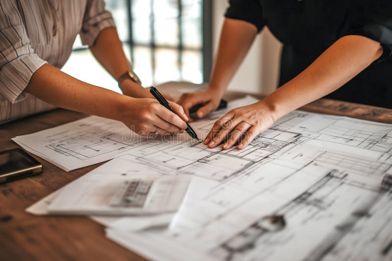 Architects Collaborating on Blueprint Stock Illustration - Illustration ...