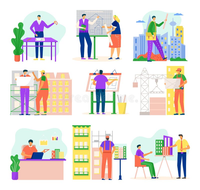 Architects and Construction Engineers Working on Architecture Project Vector Illustration Set ...