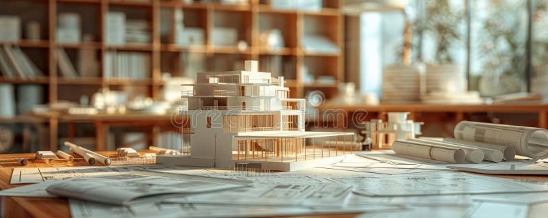 Architects Desk with Blueprints and Scale Models, Urban Development ...