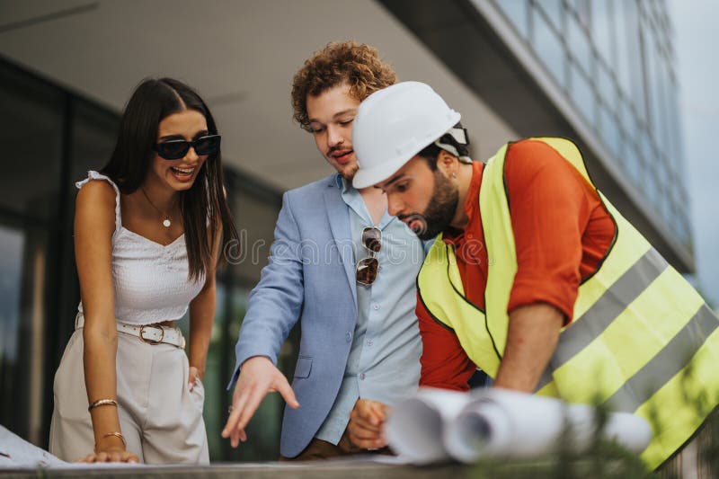 Architects and Engineers Discuss Blueprints on a Construction Site ...